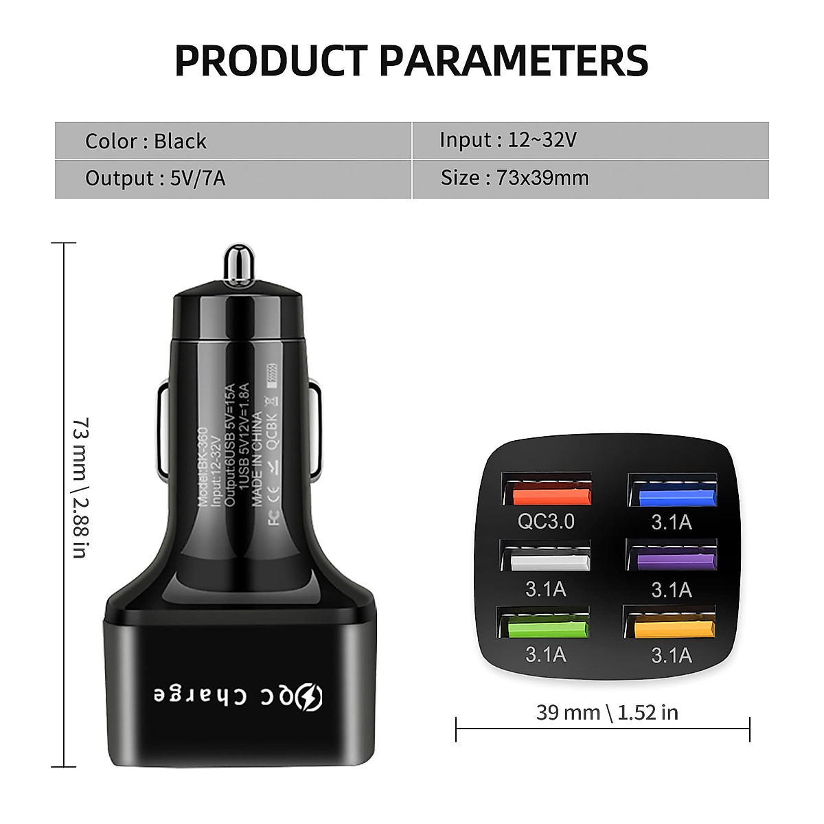 Amiss Car Charger Adapter, 6 USB Multi Port, Fast Charger, Include QC 3.0 and 5 Other Ports, Car Interior Accessories, Fit for iPhone 13/12/11/pro，Samsung Galaxy/Note S10/S9/S8 - Bright Black