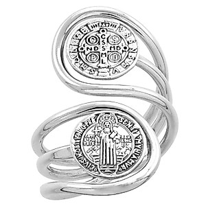 Sterling Silver St Benedict Ring for Women Wire Wrapped 2 Medals Bypass Handmade 1 1/4 inch long, size 7