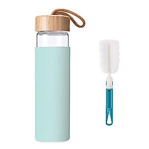 Yomious 20 Oz Borosilicate Glass Water Bottle with Bamboo Lid and Silicone Sleeve – Reusable BPA Free – Glass Drinking Bottle with Lids - Cute Glass Bottle for Women - Glass Shaker Bottle