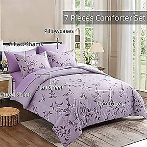 Yiran 7 Pieces Bed in a Bag Purple Botanical Plant Flowers Comforter Set Soft Microfiber Bedding Queen Comforter Sets with 1 Comforter 2 Pillowshams 1 Flat Sheet 1 Fitted Sheet and 2 Pillowcases