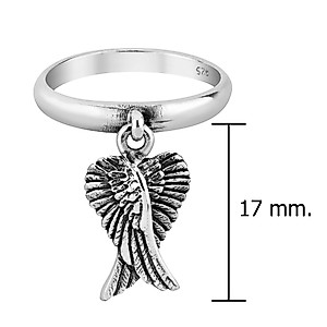 AeraVida Elegant Iconic Heart Shape Angel Wing .925 Sterling Silver Dangle Ring | Statement Fashion, Promise Ring, Couple Unisex Ring | Size 7