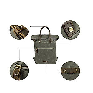 Waxed Canvas Backpack Roll Top Big Rucksack Unisex Casual Daypack for College Travel Hipsters Women Men (Army Green)