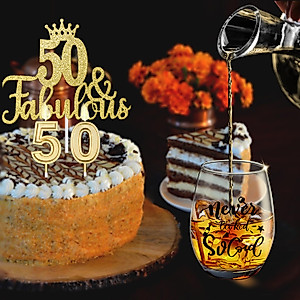 Juesly 50th Birthday Gifts for Women with 15oz Wine Glass, 50th Birthday Crown, Sash, Cake Topper and Candles, 50 Year Old Birthday Decorations 50th Birthday Gifts Idea