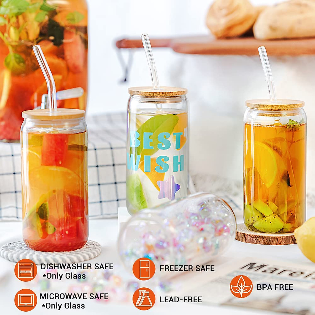 Combler Drinking Glasses with Bamboo Lids and Straws, 16 oz Glass Cups Set of 6, Beer Glass Coffee Cups with Lids and Straw, Iced coffee Cup for Coffee Bar Accessories, Birthday Gifts for Women