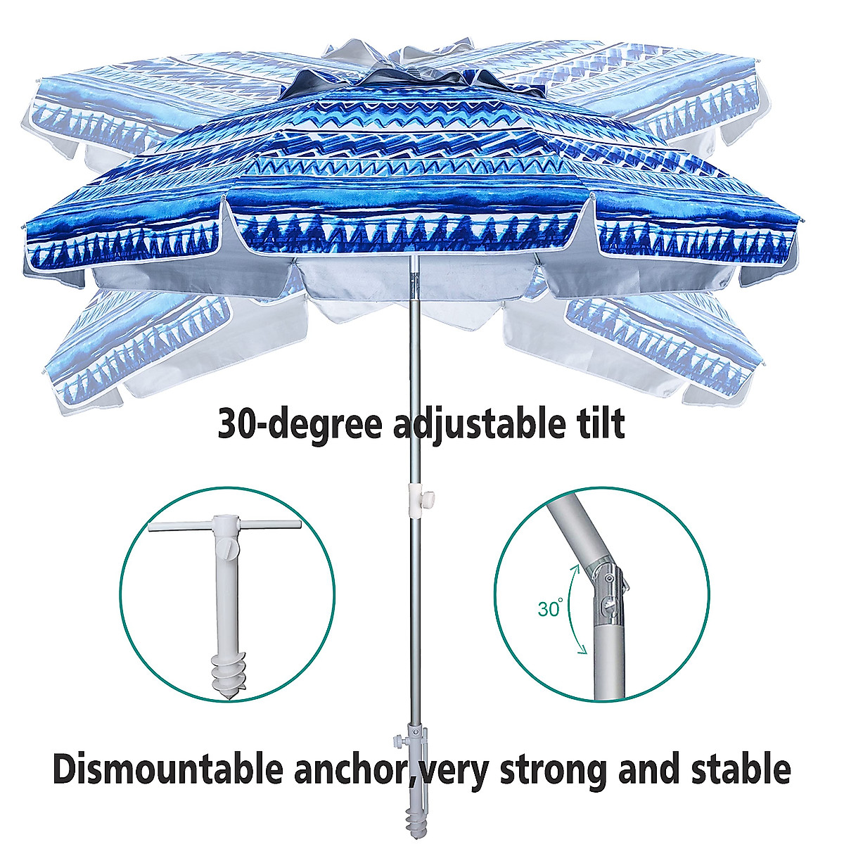 AMMSUN Beach Umbrellas for Sand Heavy Duty Wind Portable, 6.5 ft Beach Umbrella with Sand Anchor & UV Protection, Outdoor Patio Umbrella with Carry Bag for Beach Patio Garden Outdoor, Geometric Blue