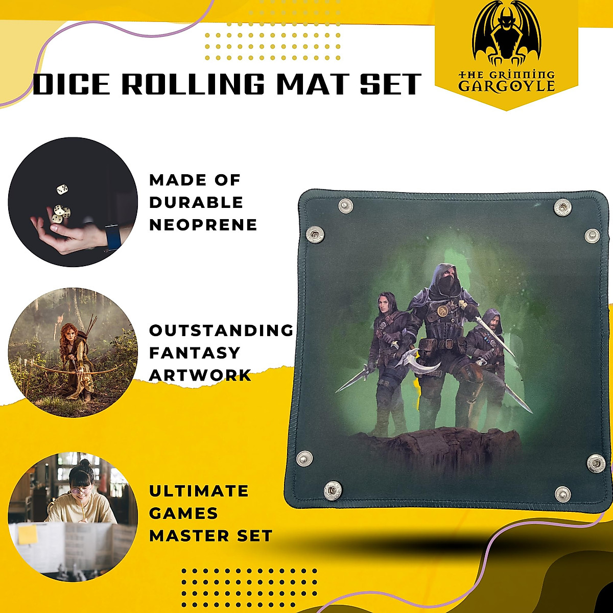 Grinning Gargoyle - 4X Fantasy RPG Character Dice Tray Set - Collapsible Dice Rolling Tray - Dice Trays for Polyhedral Die - DND Roleplaying Game Pads- Wizard Fighter Cleric Rogue - Portable Pad Gift