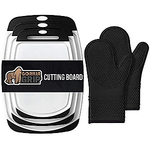 Gorilla Grip Cutting Board Set of 3 of and Silicone Oven Mitts Set of 2, Black Cutting Boards are Dishwasher Safe, Black Silicone Oven Mitts are Waterproof, 2 Item Bundle