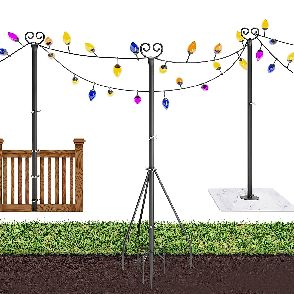2022 Upgraded String Light Poles for Outdoor (2x10 FT) Heavy Duty Outside Light Poles Sturdy Steel Pole Stand Hooks to Hang Lights for Garden Backyard Patio Wedding Party Deck Birthday Decorations
