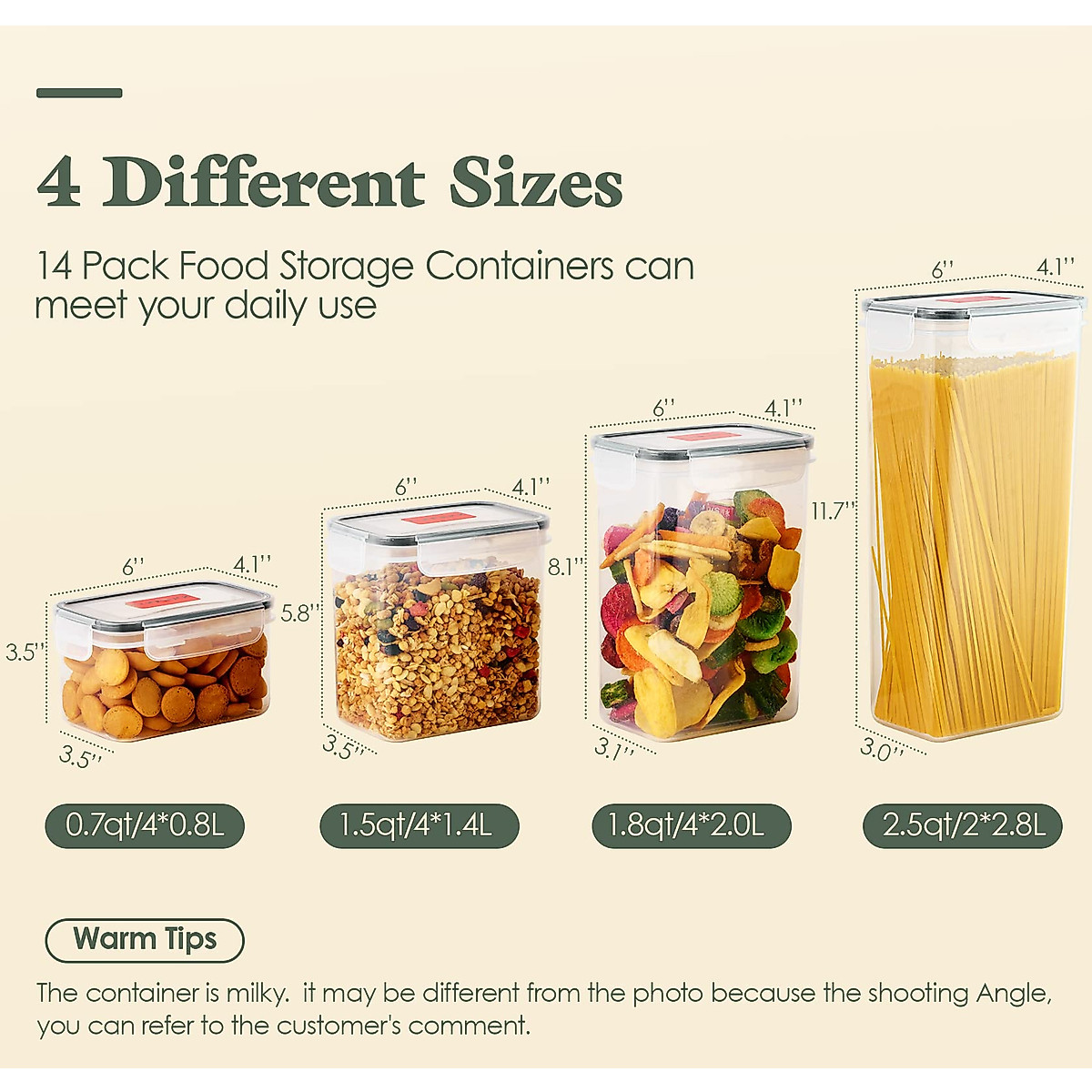 CLIFFBUCK 14 Pack Food Storage Containers With Lids Airtight Dry Plastic Kitchen Containers For Pantry Organizing Canisters BPA-Free