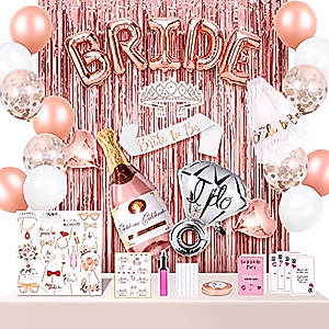 MOVINPE Bachelorette Party Decorations, Bride to Be Sash, Veil, Rhinestone Tiara, Dare Cards, Photo Booth Props, Foil Curtains, Champagne Ring Balloon, Tattoos, Rose Gold Bridal Shower Party Supplies Decor