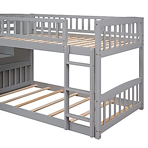 Harper & Bright Designs Low Bunk Bed with Slide and Stairs, Twin Over Twin Wooden Bunk Bed Frame with Storage, for Kids Girls Boys - Gray
