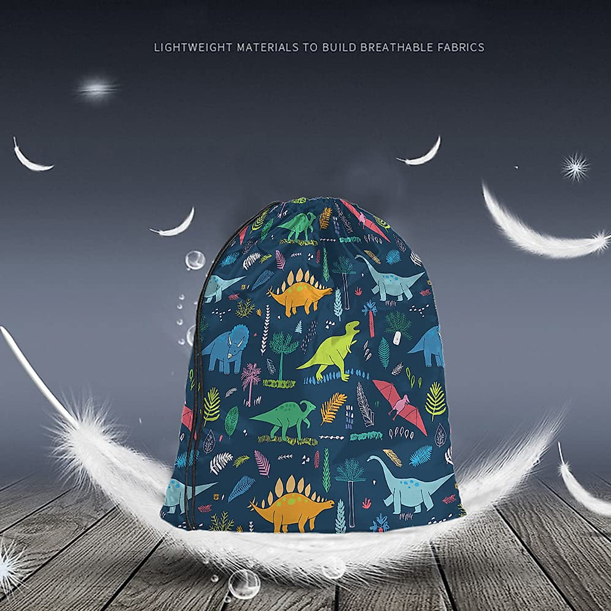 Beabes Dinosaur Drawstring Backpack Bag - Cute Cartoon Animal Funny Cool Colorful Dino Tropical Palm Leaf Sport Gym Sack Drawstring Bag for Men Women
