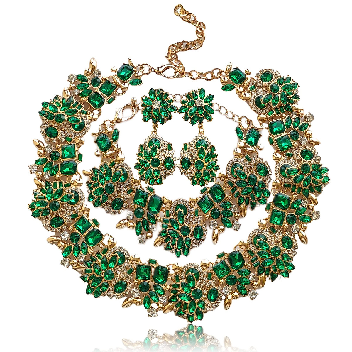 NABROJ Indian Gold Green Jewelry Sets for Women - Chunky Emerald Dark Green Rhinestone Statement Bib Gold Earrings and Necklace Set Costume Jewelry for Women -HLN001 Green 3pcs Set