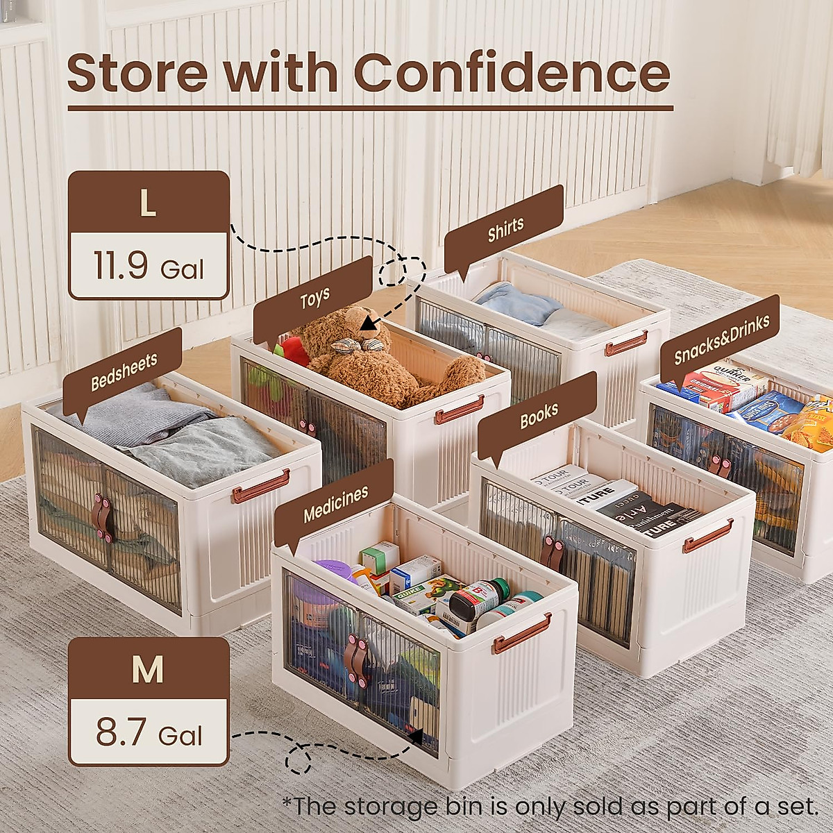 Bearhug Collapsible Stackable Storage Bins, 4 Packs, 8.7 Gal, Foldable Storage Bins with Doors and Wheels - Dual Opening Foldable Cabinet Organizer for Home and Office (8.7 Gallon Capacity, Set of 4)