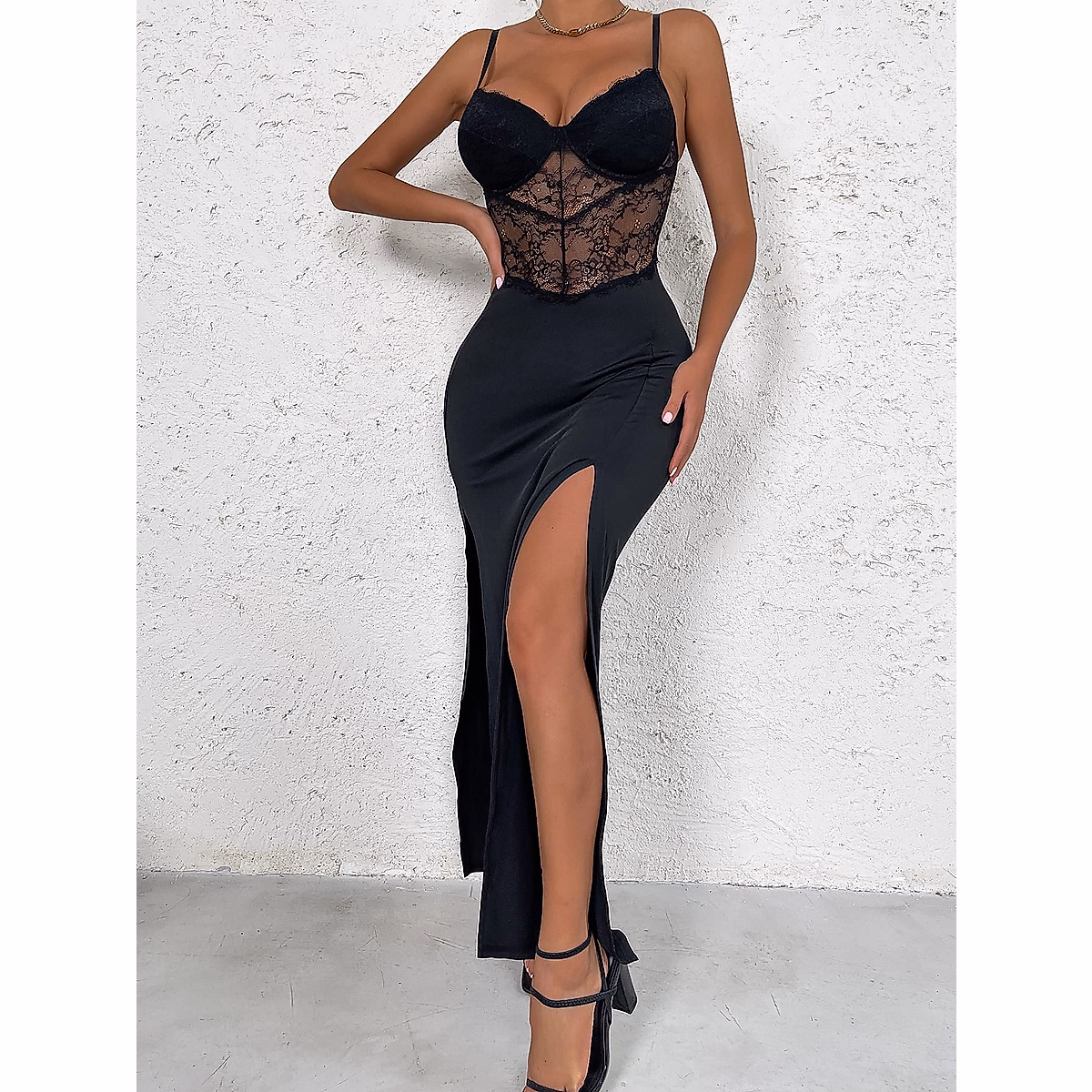 SOLY HUX Women's Sexy Lace Trim Split Hem Spaghetti Strap Cami Dress Long Maxi Dresses Solid Black L