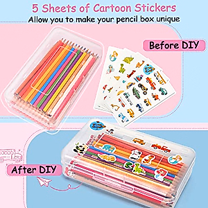 Sooez Pencil Box Clear, Plastic Pencil Case, Hard Pencil Case with Stickers, Clear Crayon Box, Large Plastic Pencil Boxes with Lid, Stackable Supply Boxes, Pencil Case Box for Kids School Boys