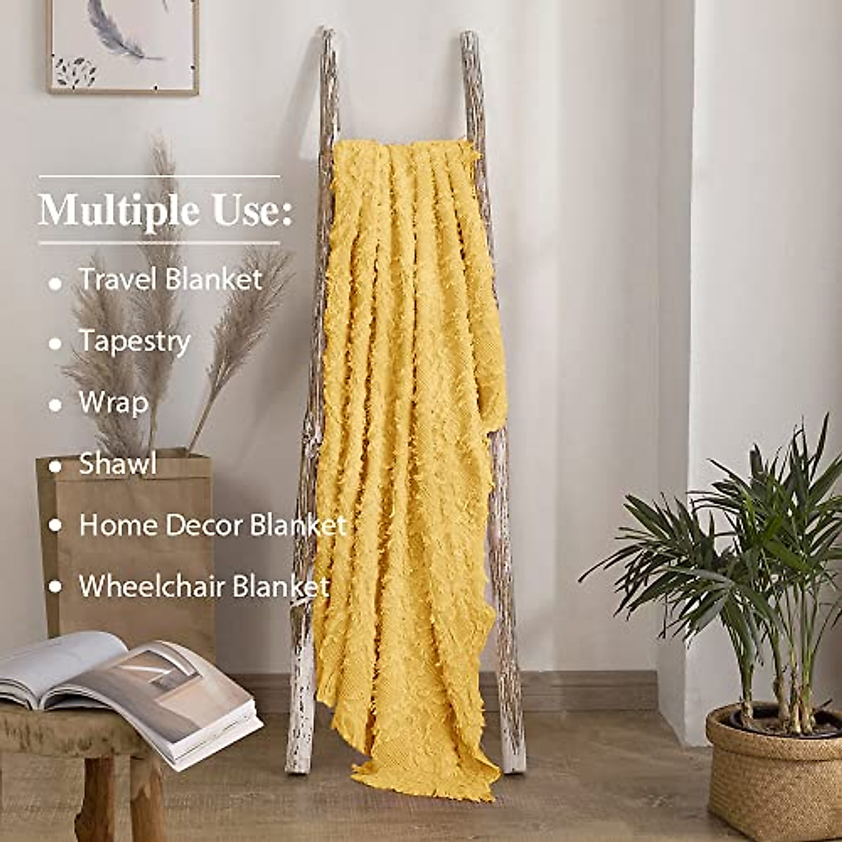 Simple&Opulence 100% Cotton Throw Blanket for Bed, Couch, Boho Textured Geometric Knit Woven Blanket with Tassels Soft, Lightweight Breathable Shabby Chic Farmhouse Decoration for All-Season(Yellow)