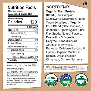 EarthChimp Organic Vegan Protein Powder - with Probiotics - Non GMO, Dairy Free, Non Whey, Plant Based Protein Powder for Women and Men, Gluten Free - 26 Servings 32 Oz (Chocolate)