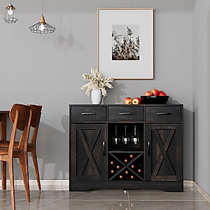 VVFLU Sideboard Buffet Cabinet with Storage Kitchen Farmhouse Coffee Bar Cabinet, Drawers, Removable Wine Rack, Wine Glass Rack, Barn Doors, Adjustable Shelves for Dinning Room, Brown (Dark Wood)