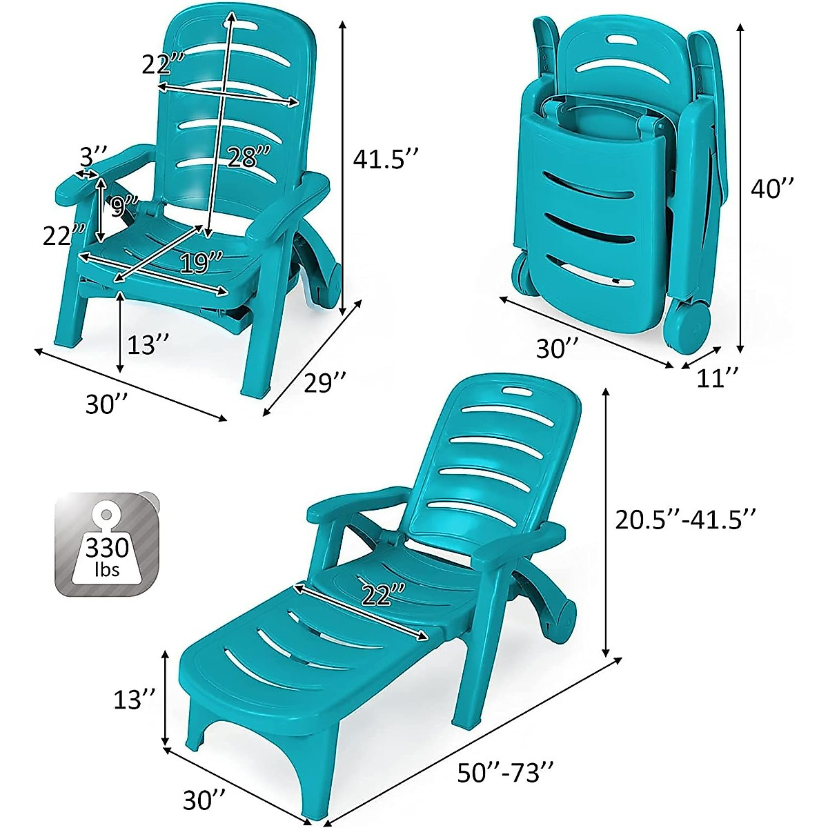 Moccha Plastic Folding Lounge Chair, 5-Position Adjustable Chaise Lounge with 2 Rolling Wheels, Armrest, Outdoor Chaise Chair for Patio, Beach, Backyard, Poolside, Home (1, Turquoise)