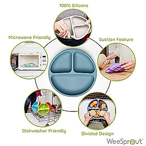 WeeSprout Suction Plates for Babies & Toddlers | 100% Silicone | Plates Stay Put with Suction Feature | Divided Design | Microwave & Dishwasher Safe | 3 Pack