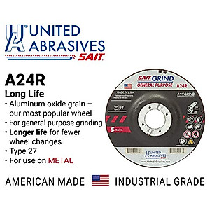 United Abrasives-SAIT 20063 A24R General Purpose/Long Life Grinding Wheel (Type 27/Depressed Center) 4 1/2" x 1/4" x 7/8", 25-Pack