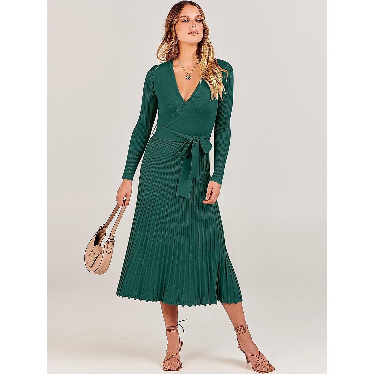 ANRABESS Women Long Sleeve Sweater Dress Wrap V Neck Pleated Ribbed Knit A Line Belted Tie Waist Midi Dress Fall Outfits deep green Small