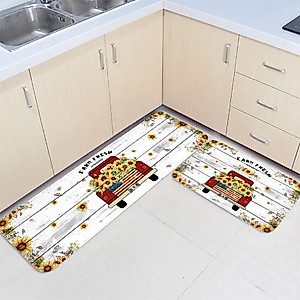 Farm Fresh Sunflower on Red Truck Anti Fatigue Kitchen Rug Set 2 Pieces Cushioned Kitchen Floor Mats Comfort Soft Standing Doormat, Non Slip Rugs and Runner USA Flag