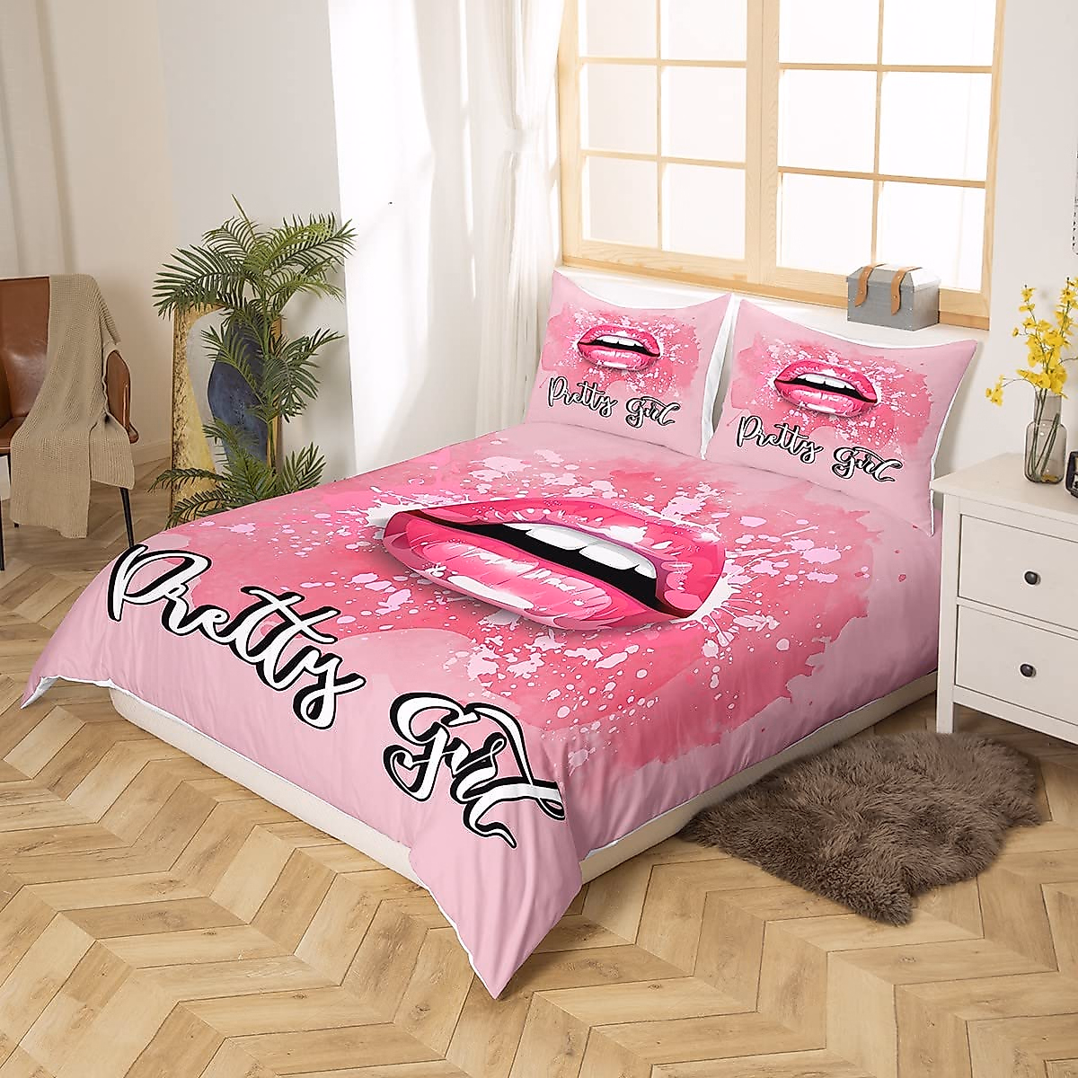 Erosebridal 3D Print Bed Sets Full Size,Pink Lip Duvet Cover for Kids Girls Women Teens,Sexy Theme Comforter Cover for Home Room Decor,Romantic Valentines Day Bedding Sets with 2 Pillow Covers