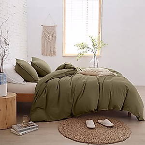 Olive Green Linen-Textured 55% Viscose from Bamboo 45% Cotton Duvet Cover Set, Pre-washed Soft Breathable Queen Size Duvet Cover for Hot Sleepers, Natural Organic Duvet Cover with 2 Pillowcases