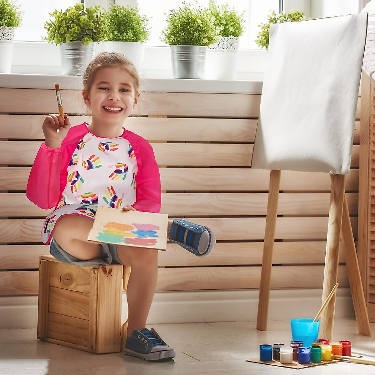 2 Pack Art Smock for Kids Artist Smock Waterproof Painting Aprons for Play, Classroom, Community Event, Crafts & Art Painting Activity for Toddlers and Children 2-7 Years (handprints)