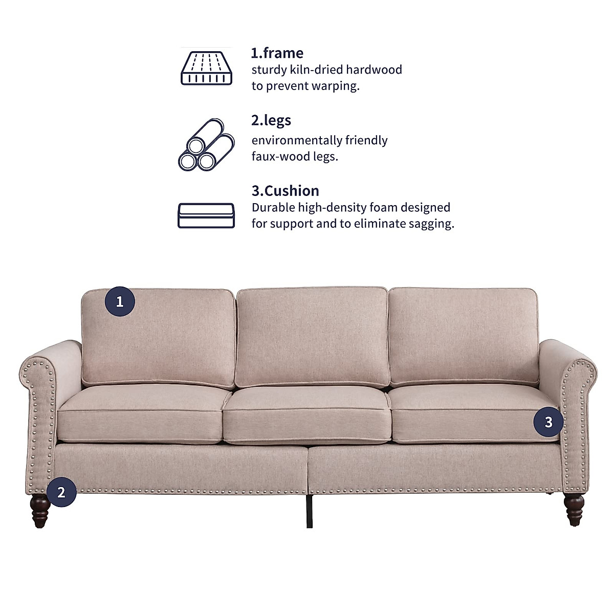 ZAFLY Sofa Couch, Beige 3 Seat Couches for Living Room, Mid Century Modern Couch with Solid Wood Frame and 4 Gourd Shapes Legs for Home/Office/Apartment