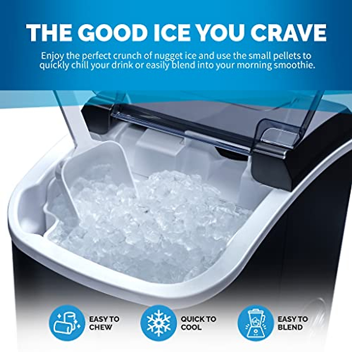 Newair Nugget Countertop Ice Maker Machine | 26 lbs. | Electric Sonic Ice Maker in Matte Black, Self-Cleaning Function, Refillable Water Tank, Perfect Canes Ice for Kitchens, Offices, Home Coffee Bars