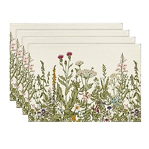 Artoid Mode Antique Herbs and Wild Flowers Fall Placemats Set of 4, 12x18 Inch Seasonal Wildflower Summer Table Mats for Party Kitchen Dining Decoration