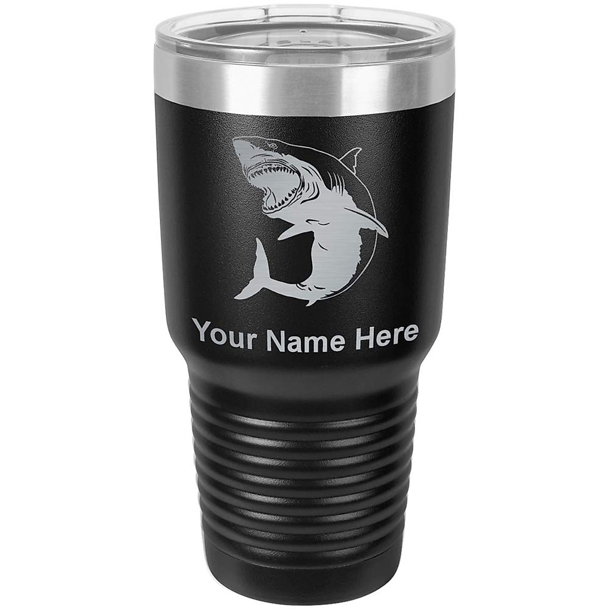 LaserGram 30oz Vacuum Insulated Tumbler Mug, Great White Shark, Personalized Engraving Included (Black)