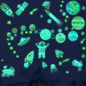 Glow in The Dark Planet and Space Solar System Wall Stickers,Glow in The Dark Stars for Ceiling,Galaxy Astronaut Rocket Spacecraft Alien Wall Decals for Boys Toddler Kids Bedroom Nursery Playroom Wall Decor