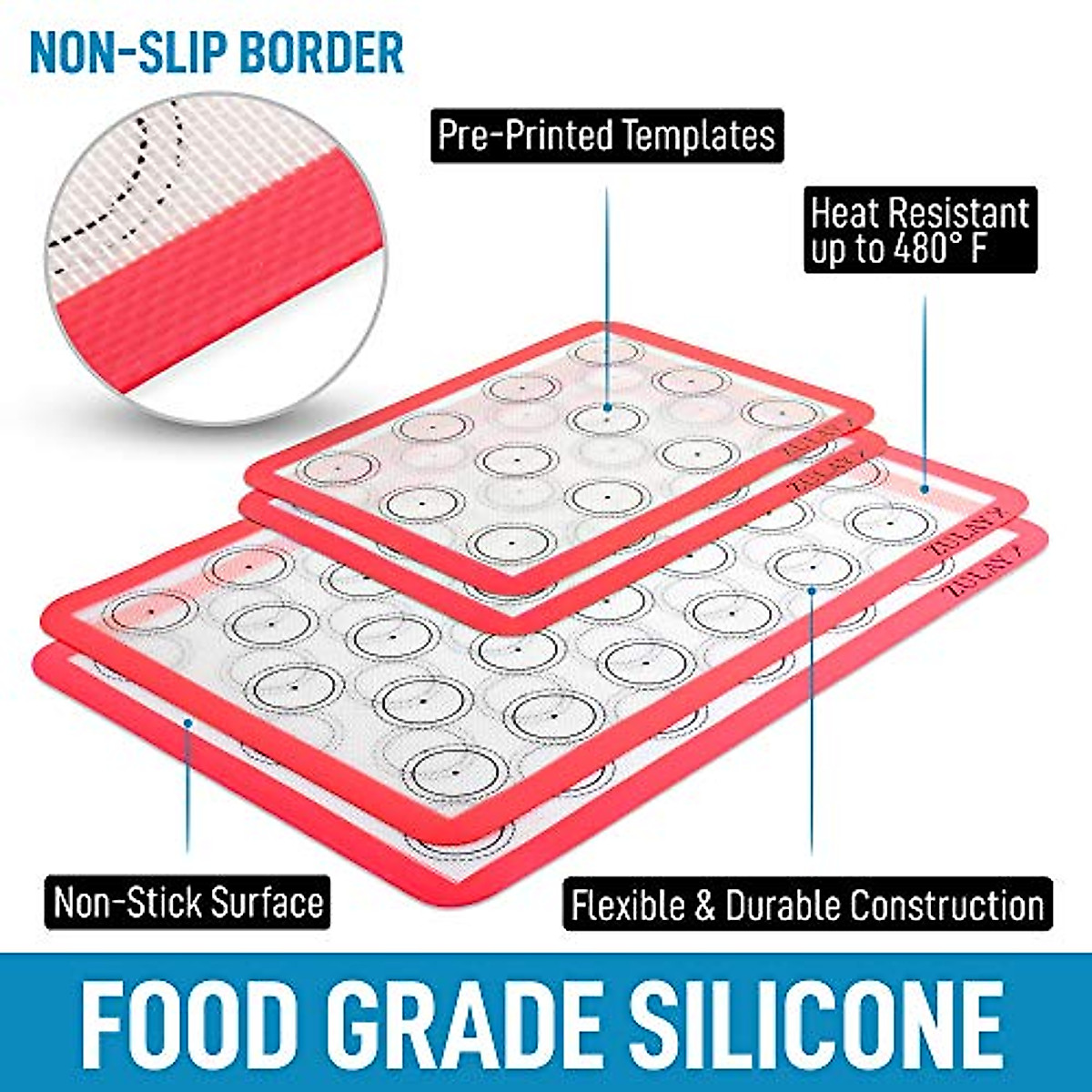 Zulay (Set of 4) Silicone Baking Mat - Macaron Silicone Baking Mats With Pre-printed Template Design - Non Stick & Reusable Silicone Baking Sheet - 2 Half Size + 2 Quarter Size (Red)