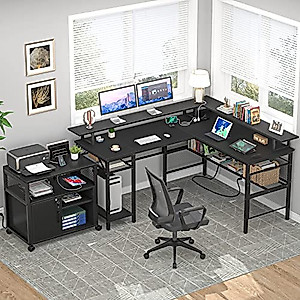 Unikito L Shaped Desk with LED Strip and Power Outlets, Reversible Corner Computer Desks with Monitor Stand and Storage Shelf, Modern Gaming Table, Home Office Desk with USB Ports, Black