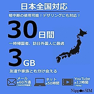 Nippon SIM for Japan 30 Days 3GB 4G LTE Data (No Voice/Text) 3-in-1 SIM Card | docomo Network | Japan Local Support | No Activation No Contract | Supports Tethering | 短期帰国・短期来日最適 安心メーカーサポート