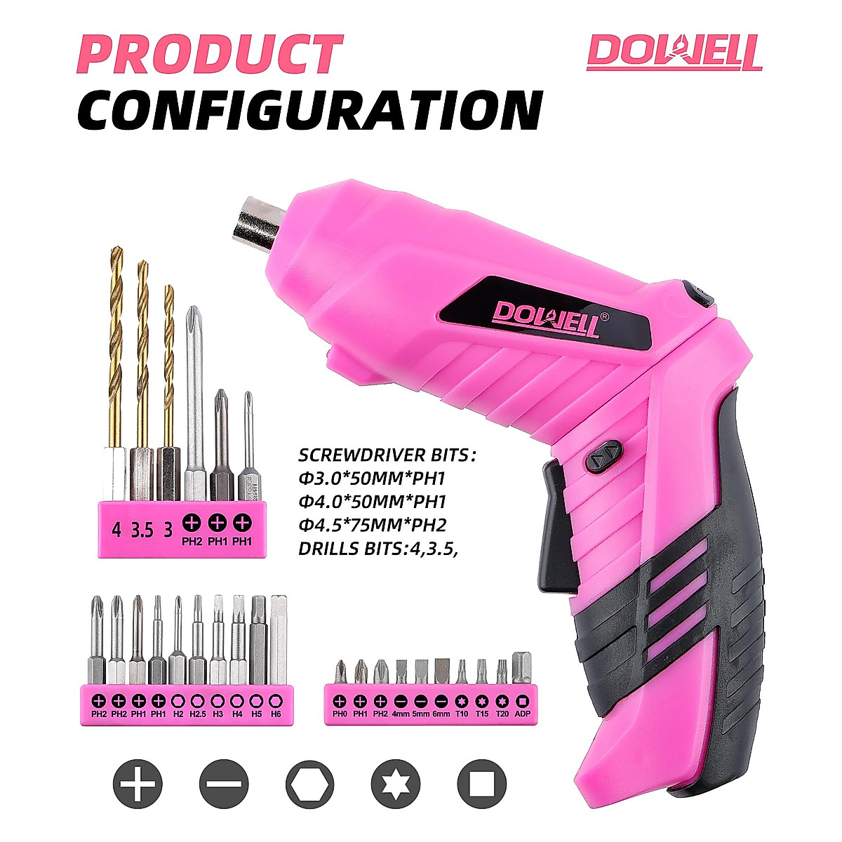 DOWELL Power Electric Cordless Screwdriver Set Rechargeable 3.6V Power Screwdriver Kit Tools for Women with 27pcs Accessories Pink