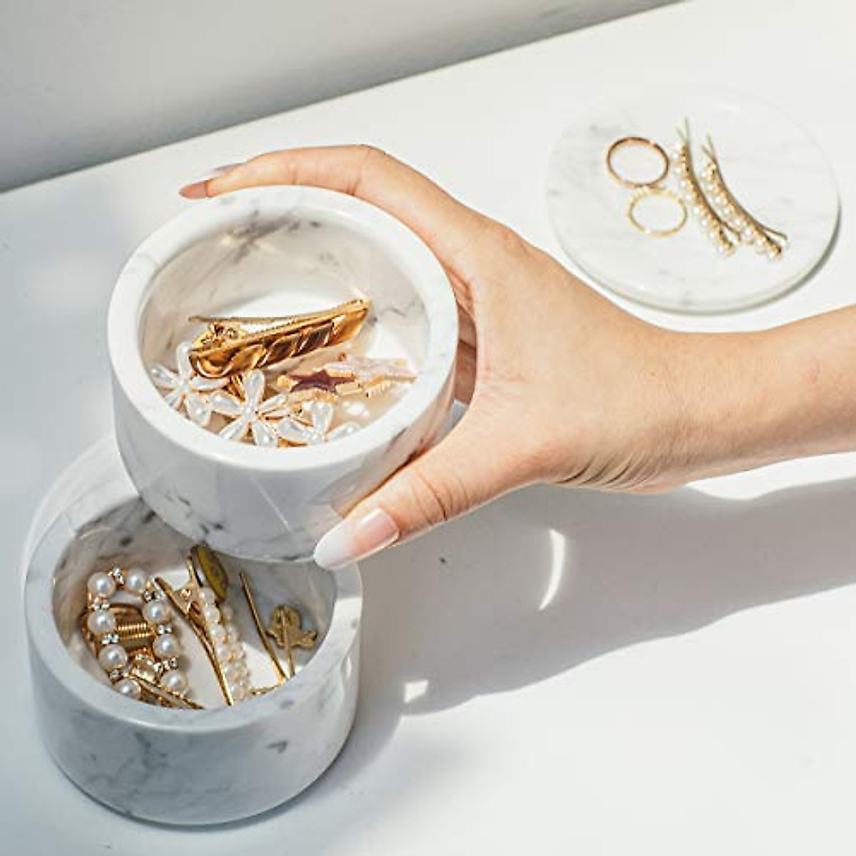 JIMEI Marble Jewelry Box Organizer Two-Tier Resin Storage Container with Removable Lid for Ring Necklace Bracelet Earrings, Rings and Accessories