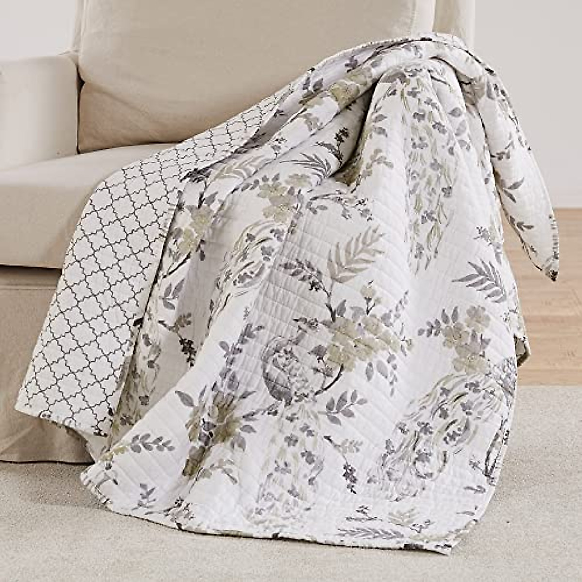 Levtex Home - Pisa - Throw - Floral Contemporary Peacock - Grey and Taupe - Quilt (50x60in.) - Cotton/Cotton