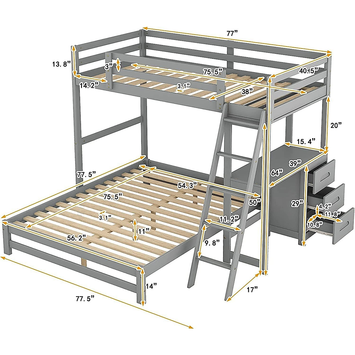 Bunk Beds Twin Over Full Size with Built-in Desk and Three Drawers, Wooden Storage Bunk Beds with Removable Bottom Bed ,Bunk Beds with Ladder & Guardrails for Kids Girls Boys ,Grey