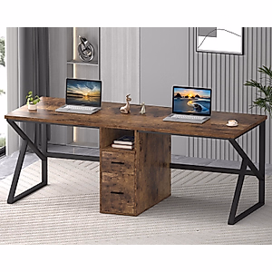 IBF 79" Two Person Office Desk,Large Double Long Pc Desk with File Drawer, 2 Person Computer Desk with Storage Cabinet Shelf, Industrial Wood Modern Work Dual Computer Table for Home, Rustic Brown