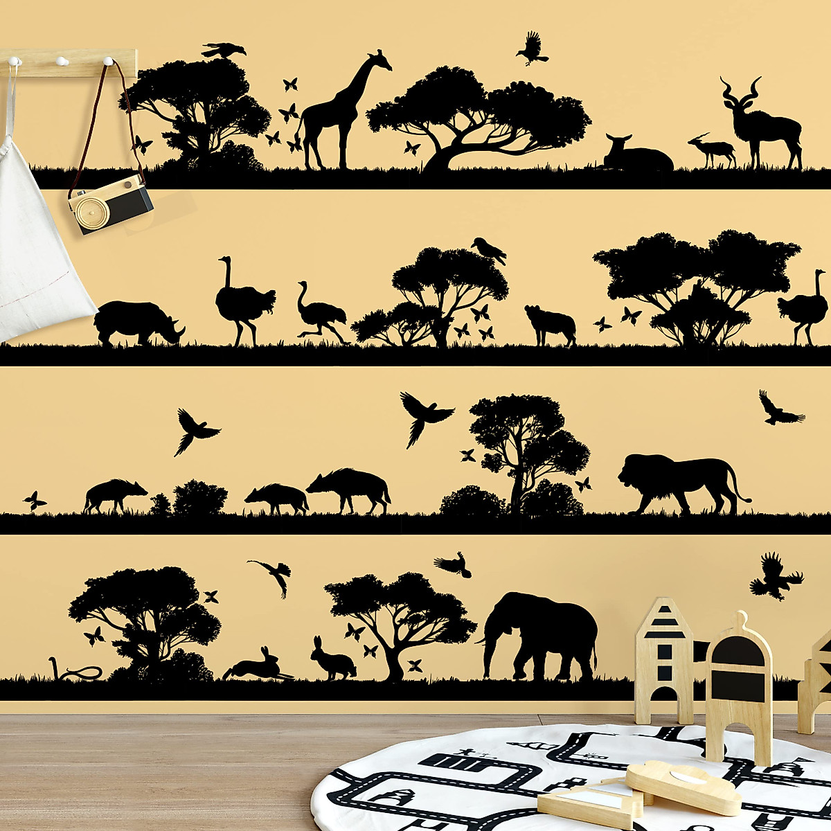 Black Jungle Animals Wall Decals Woodland Wild Animal Wall Stickers Removable Forest Animals Elephant Lion Birds Giraffe Trees Wall Decor for Kids Room Bedroom Living Room Nursery Classroom