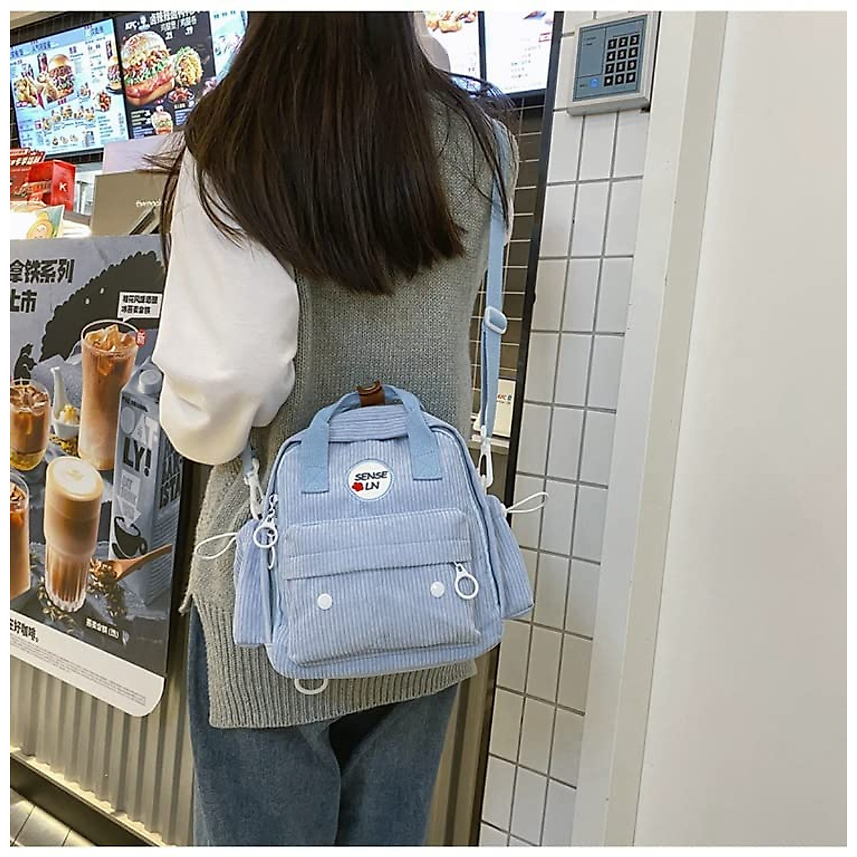 Kawaii Mini Backpack for Girls Corduroy Cute Backpack Purse for Women Y2k Shoulder Bag Fairy Aesthetic School Supplies (Blue, One Size)