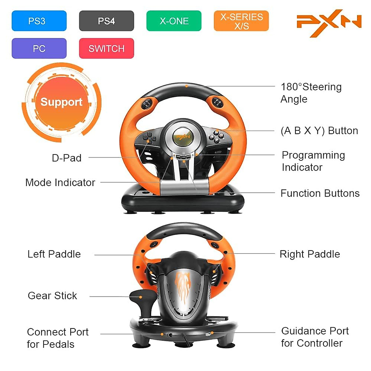 PXN PC Racing Wheel, V3II 180 Degree Universal USB Car Sim Game Steering Wheel with Pedals for Xbox One, Xbox Series S/X, PS3, PS4, Switch