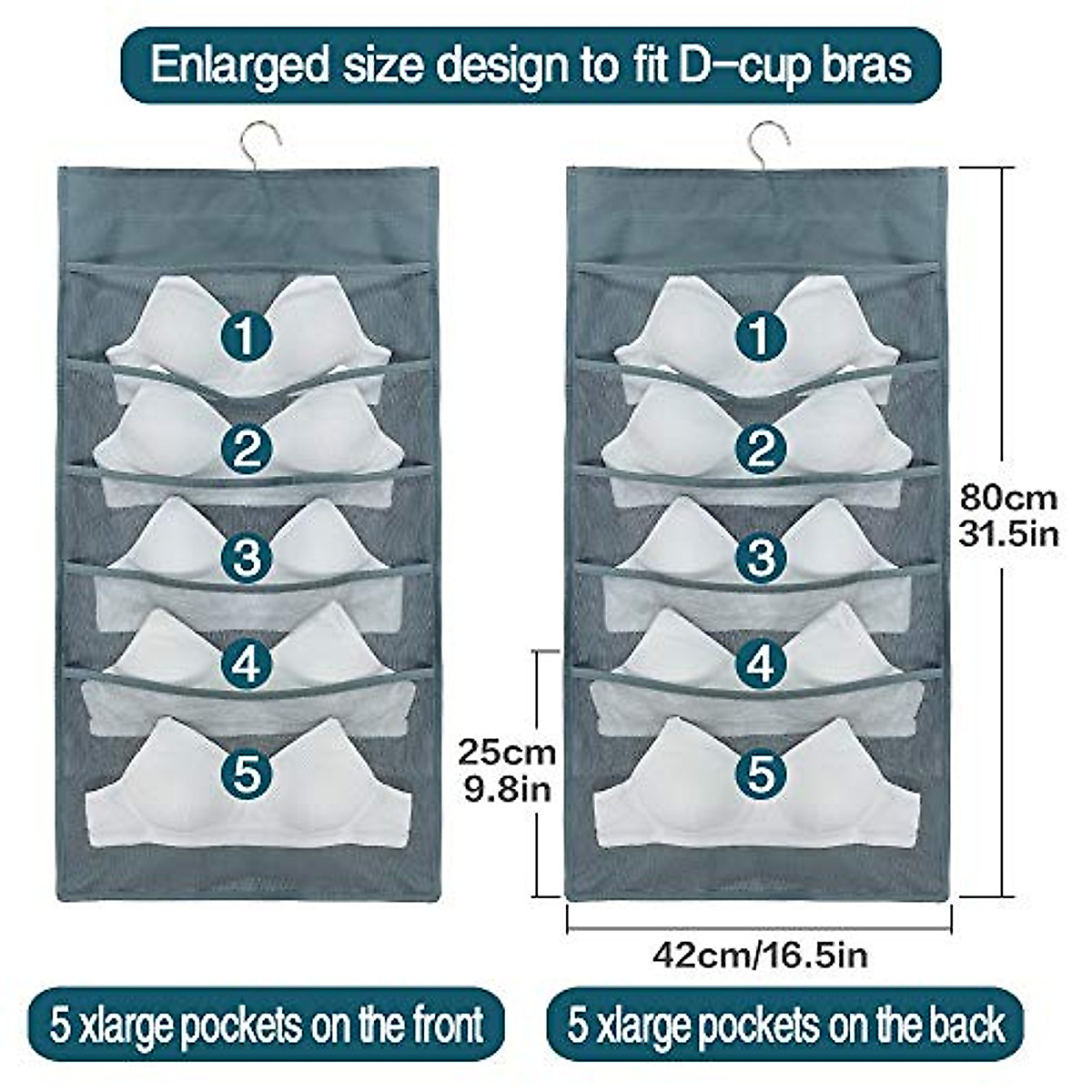 ohihuw 2 Pack Closet Hanging Organizer for Large Size Bras with Enlarged Mesh Pockets Dual Sided Underwear Storage