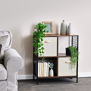 Household Essentials Trellis Open Storage Bookshelf with 4 Cube Compartments Mid Century Walnut Wood Grain and Black Metal