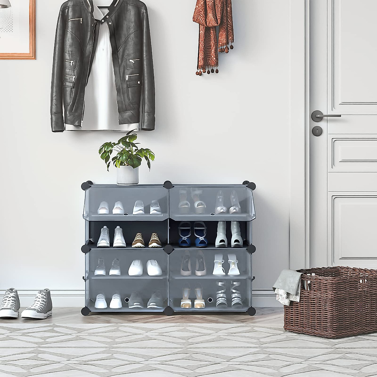 Shoe Rack Organizer, 4 Cube 8 Tier Covered Shoe Rack Cabinet 16 Pair Freestanding DIY Storage Shelves Plastic Shoe Rack for Closet Entryway Hallway Bedroom or Garage, Dark Grey